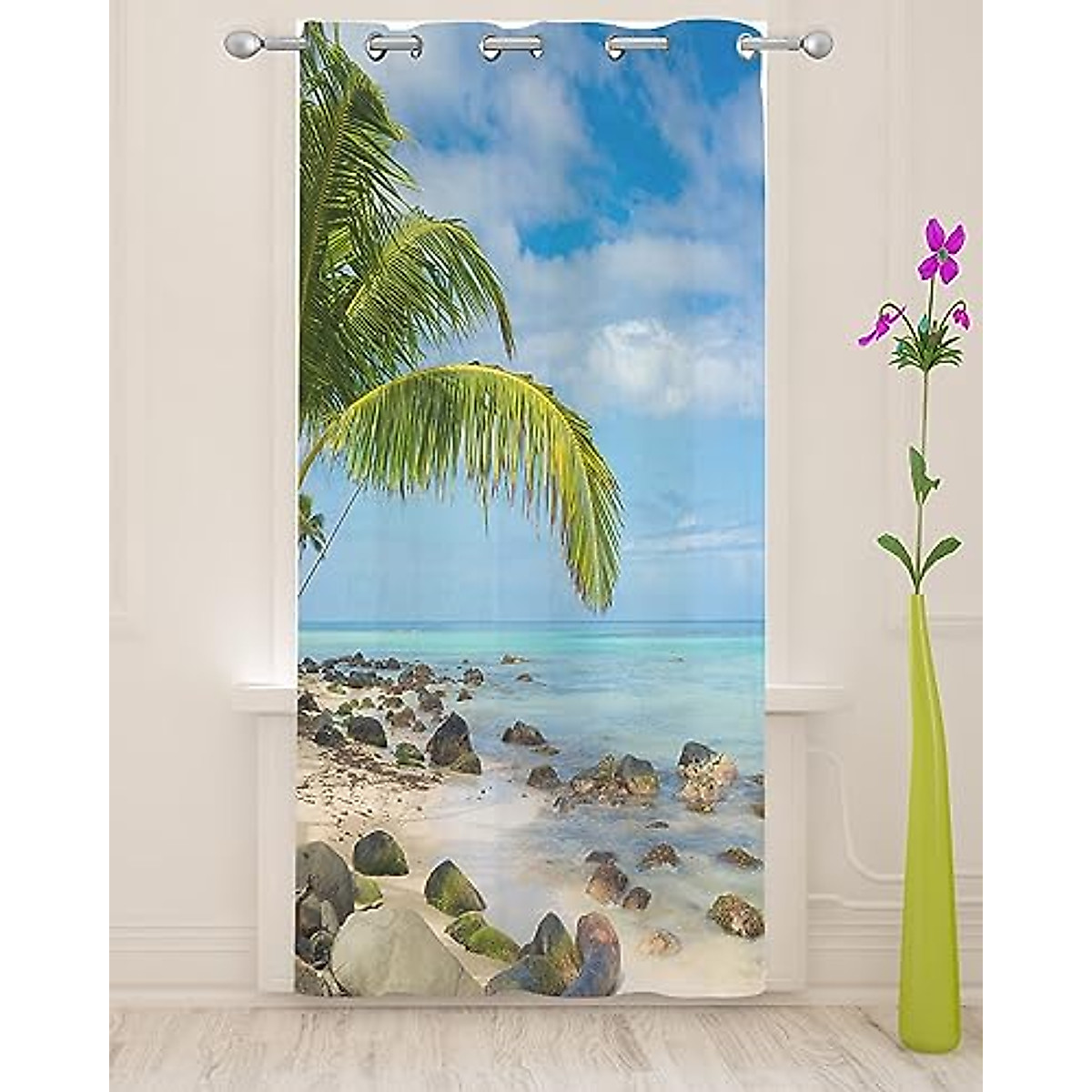Sheer Curtains 1 Panel,Palm Tree Beach Sea Cloud Blue Sky Island Reef Stone Chiffon Window Treatment Grommet Semi Transparent Drapery for Kitchen Bedroom Decorations,52x96 Inch