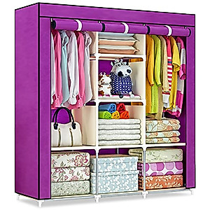 QLFJ-FurDec Portable Wardrobe Closet, 47 Inch Clothes Storage Organizer Rack Shelves, Non-Woven Fabric Cover Standing Closet with 2 Hanging Rods, Durable, Quick and Easy Assembly(Purple)