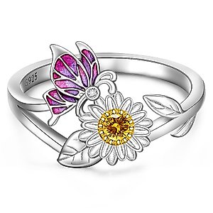 Fenthring Daisy Ring Butterfly Gifts for Women Flower Jewelry Sunflower Sterling Silver Engagement Dainty Cubic Zirconia Cute Rings Size 7