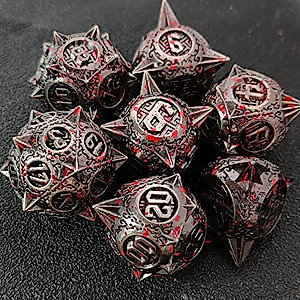 Metal DND Dice Set, Round Tip Dice 7 Polyhedral Dice, Mtg Pathfinder D20 Set for Rpg Roleplaying Dice Game D20 Free Leather Storage Bag Bloodstains