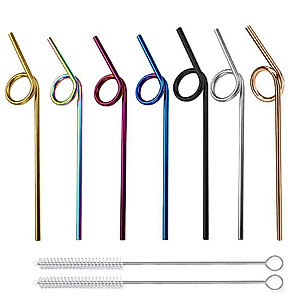 Hoshen 7Pcs Reusable Stainless Steel Curved Straws, Colorful Food-Grade Metal Straws, Beverage Straws, (With Two Cleaning Brushes), Suitable For 20/30 Ounce Tumblers