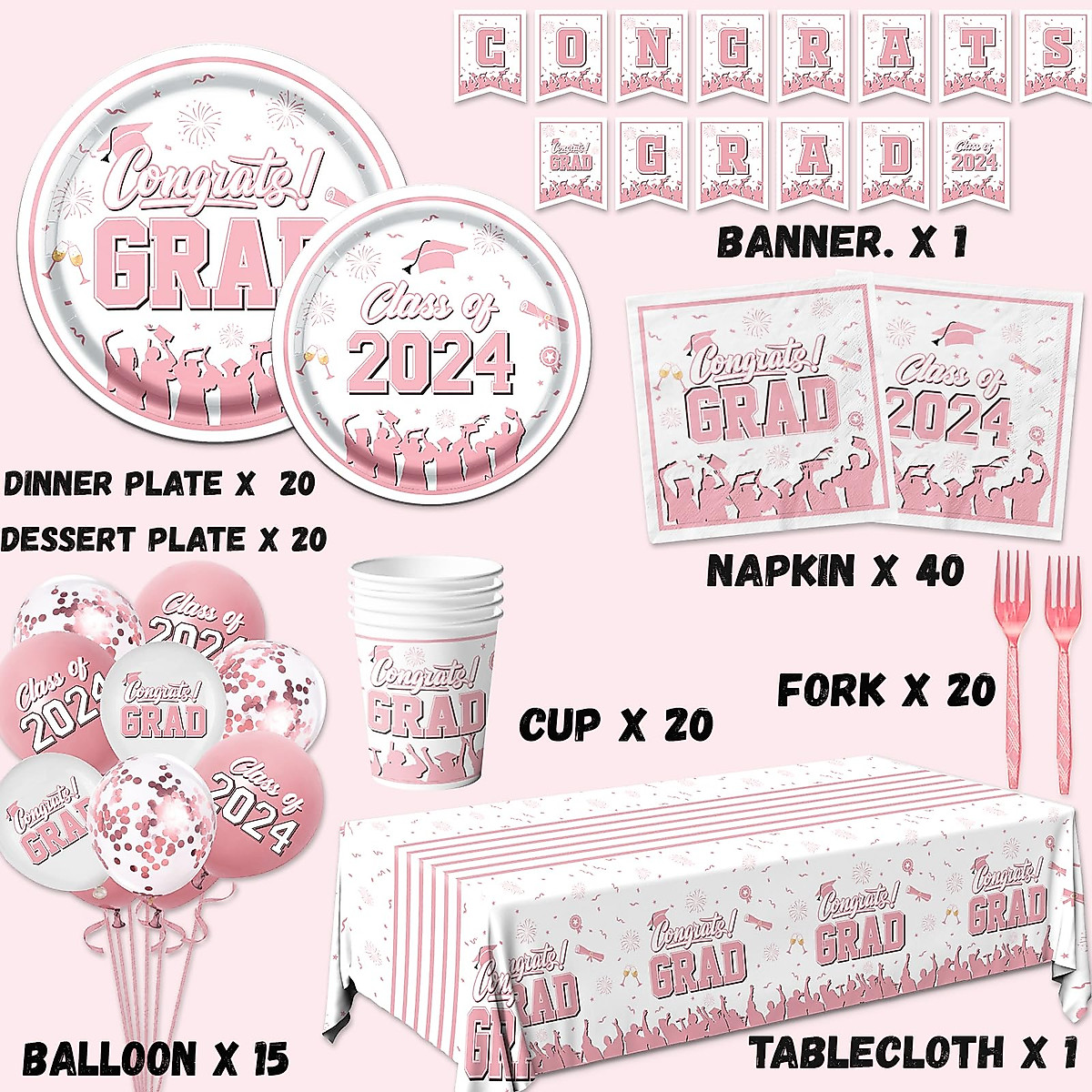 Graduation Party Supplies, 2024 Graduation Party Dinnerware Set, Congrats Grad Plates Napkins Cups Tablecloth Banner Balloons for Class of 2024 Graduation Decorations Supplies (Rose Pink)