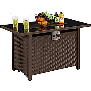 Topeakmart 43 inch Propane fire Pit Table 50,000 BTU Wicker Gas Fire Pit with Lid, Tempered Glass Tabletop, Fire Glass and Rain Cover, Outdoor Gas Fire Table for Patio Deck, Outside Heating, Brown
