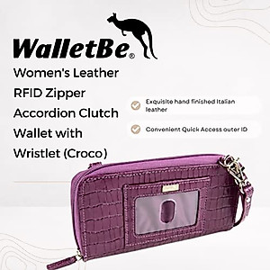 WalletBe Women's Leather RFID Zipper Double Accordion Clutch Wallet with Wristlet Croco Purple