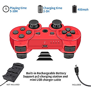 Rzzhgzq 2 Pack PS3 Wireless Controller Playstation 3 Controller Wireless Bluetooth Gamepad with USB Charger Cable for PS3 Console (SILVER+RED)