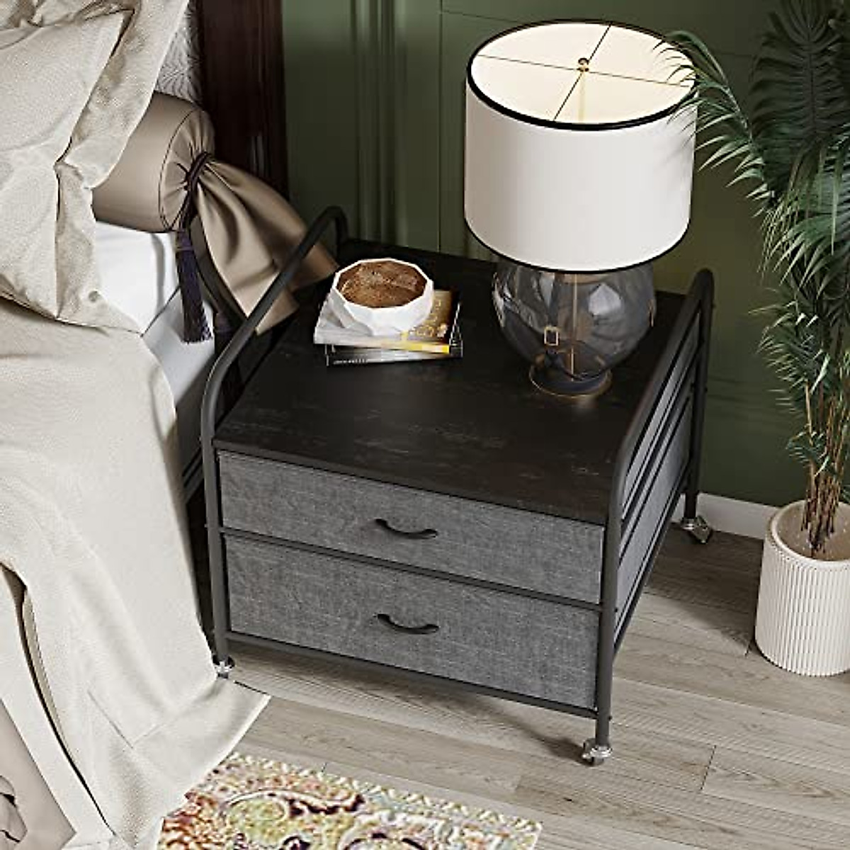 Alavoco Fridge Stand, Mini Fridge Table, 2 Drawer Fridge Cart, Mini Fridge Stand with Storage, Metal Frame Wooden Top, 4 Swivel Wheels for Home Kitchen, Black