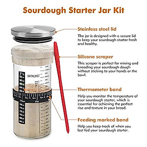 Sourdough Starter Jar Kit-1100ml/39Oz, Sourdough Starter Kit, Sour Dough Starter Jar With Stainless Steel Lid, Thermometer, Silicone Scraper, Cloth Cover And Date Marked Feeding Band (1 Pack)