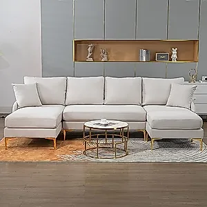 FANYHOME Wide Reversible Left or Right Sectional U-Shape Convertible Sofa 4-Seat Couch with Chaise Lounge Upholstered for Living Room, Apartment, Office, Blue Polyester Blend