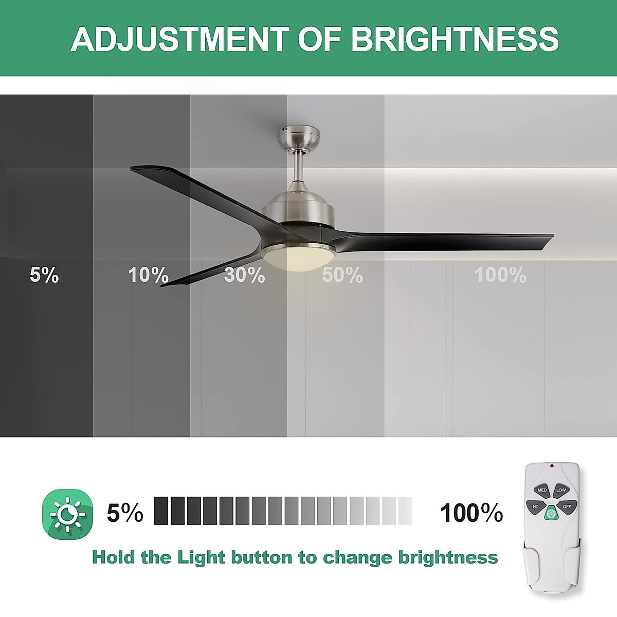Homeybuff Ceiling Fan with Lights Remote Control, 60-Inch, Brushed Nickel(3 Blades), Dimmable LED Light