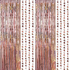 Rose Gold Party Decoration Foil Tinsel Fringe Curtain backdrop with Hanging Circle Garland for Birthday Party Wedding Engagement Background Bridal Baby Shower Birthday Sweet 16 Party Supplies