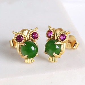 Guptue Natural green jade stud 925 sterling silver earrings for Women Owl real hetian jade critters 925 sterling silver earrings 18K gold plated Birthday Jewelry