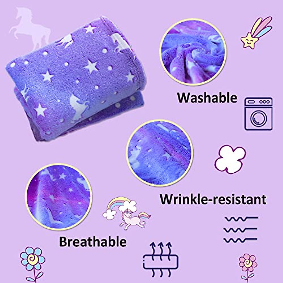 Unicorn Throw Blanket Glow in The Dark Soft Throw Blanket for Girls Boys with Storage Bag, Gifts for Christmas Halloween Birthday Valentines, Kids Blanket, Day Care Home Travel Use, 50"x60" Purple