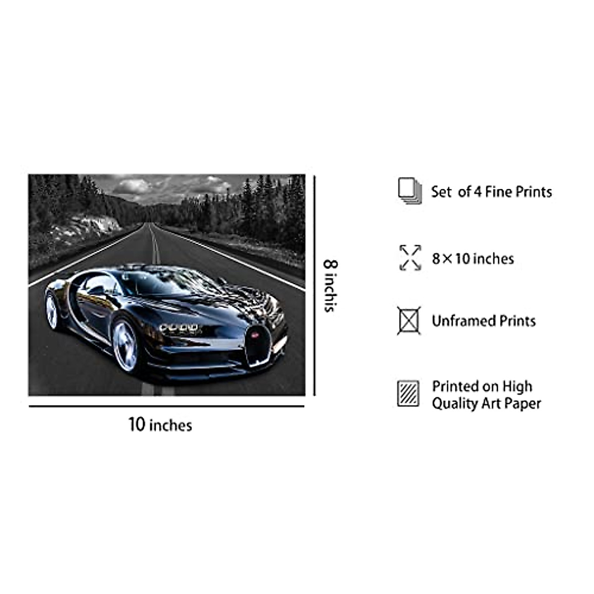 Car Poster Lamborghini Mclaren Ferrari Bugatti Sports Posters Car Wall Art Supercar Decor for Boys Room Bedroom Set of 4 Unframed (8x10 In) Black and White Highway Supercars Pictures