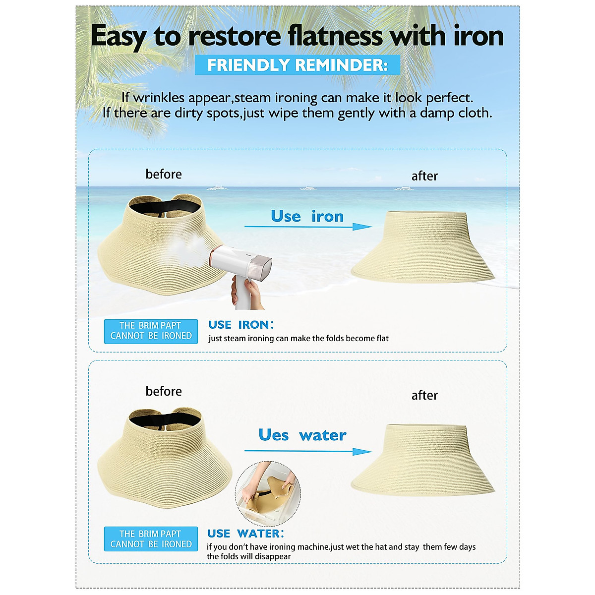 Straw Sun Visor Hats for Women, Pakcable Roll-Up Wide Brim Ponytail Summer Beach Hat, Straw Hats for Women UV Protection, Beach Hats for Women for Girls Holiday Summer Vacation Travel (Dark Coffee)