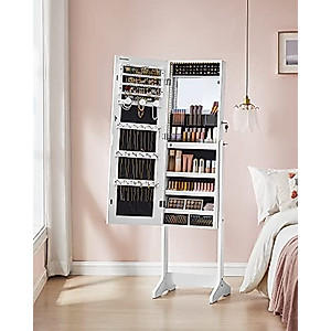 SONGMICS Mirror Jewelry Cabinet Standing Armoire Organizer, Jewelry Storage with Full-Length Frameless LED Lights, Built-in Makeup Mirror, 2 Drawers, Lockable, White UJJC023W01