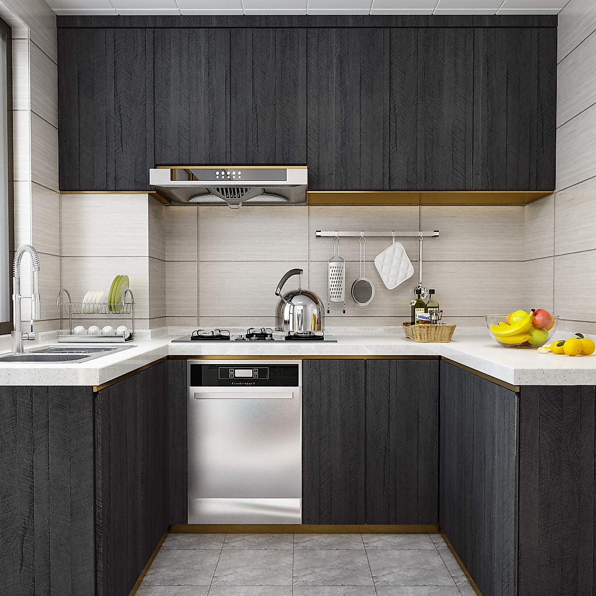WESTICK Peel and Stick Countertops Contact Paper Black Wallpaper Peel and Stick Wood Contact Paper for Countertops Waterproof Kitchen Vinyl Counter Top Cabinet Covering Black Contact Paper 15.8"x78"