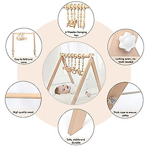 NUNGT Wooden Baby Gym with 6 Hanging Wooden Baby Toys Foldable Wooden Baby Play Gym Activity Gym Baby Play Hanging bar Frame Activity Gym
