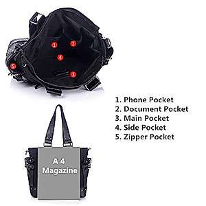 Women Fashion Rivet Handbag Purse Canvas Punk Tote with Shoulder Strap Crossbody Bag Large Capacity Black (Black)