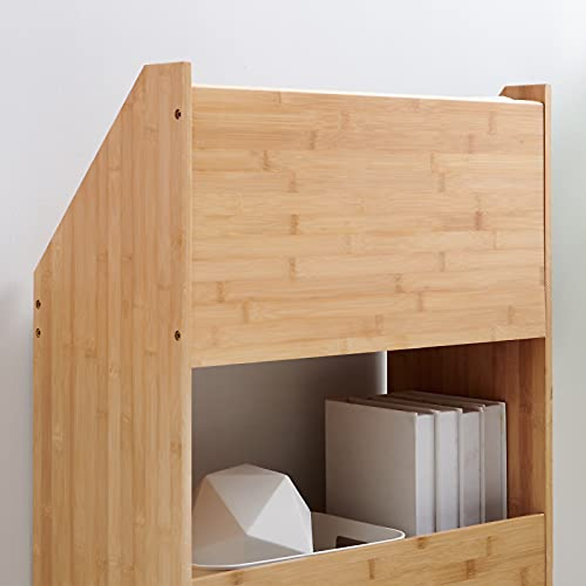 AbocoFur Bamboo Floor Book and Magazine Display Shelf, 20.67"(L) x10.63(W) x30.71(H), Multifunction Free Standing Organizer Storage Rack, Small Bookcase for Home, Office, Burlywood