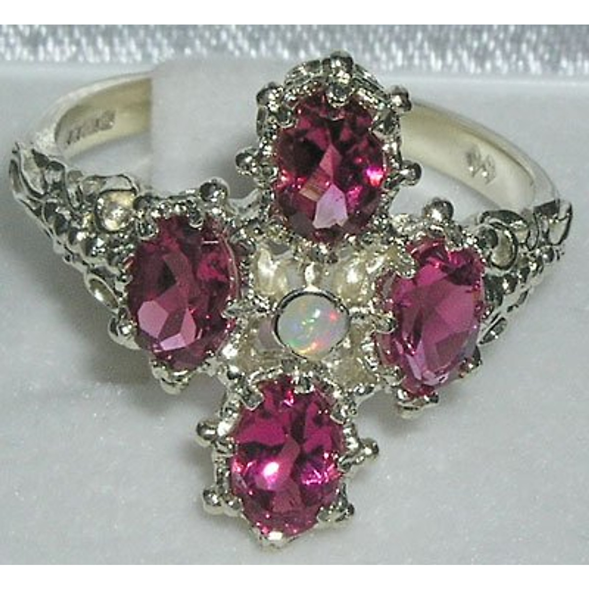 LetsBuyGold 925 Sterling Silver Real Genuine Opal and Pink Tourmaline Womens Band Ring - Size 10
