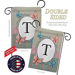 Breeze Decor T Initial Garden Flag Set Wall Hanger Monogram Friends Bugs & Frogs Butterfly Ladybugs Dragonfly Bee Springtime Insect Natural Wildlife House Yard Gift Double-Sided, Made in USA