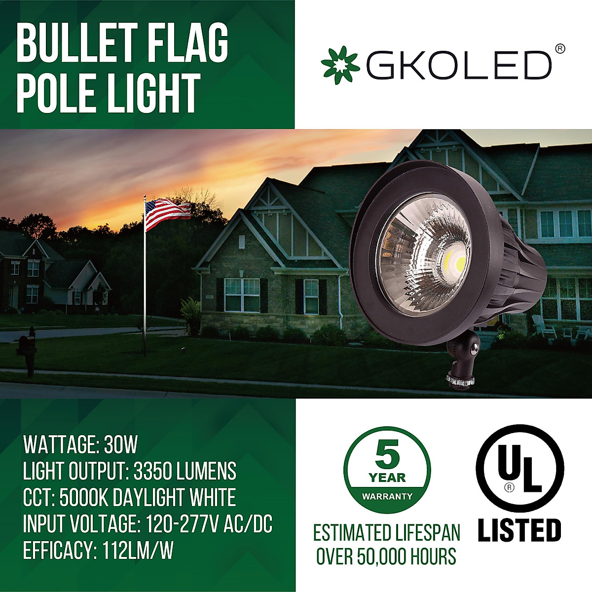 GKOLED 30Watt Bullet LED Spotlight, Narrow Beam Angle COB LED Round Spotlight, 5000K Daylight White, 3350 Lumens, 120-277V, Outdoor Flag Pole Spotlight Fixture, UL Listed
