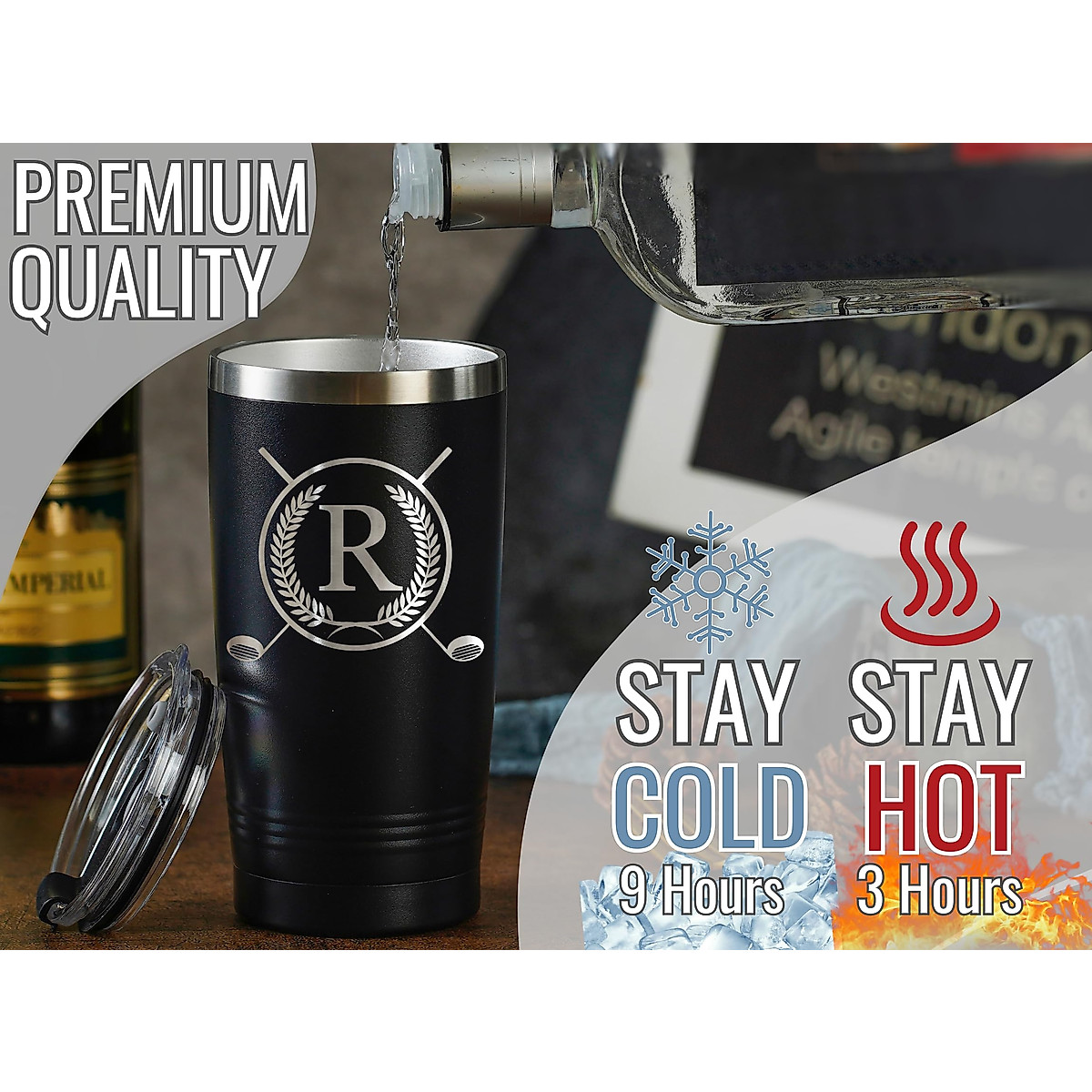 Onebttl Golf Gifts for Men With Initial - 20oz Travel Mug With Golf Design, Perfect for Golfers & Lovers, Birthday, Christmas - R