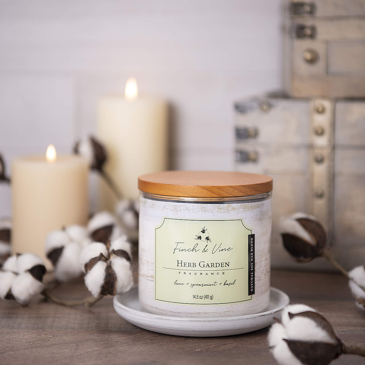 Carolina Candle Herb Garden Scented Jar Candle, Finch & Vine Collection, 3 Wick, 14.5 oz - Up to 60 Hours Burn