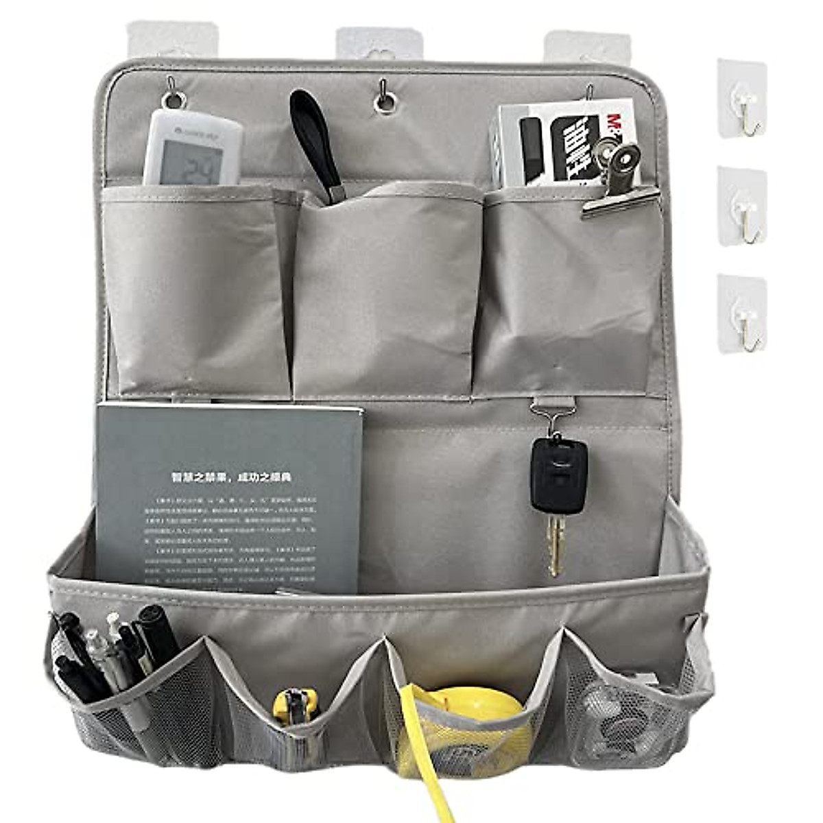 HSLFUAI Hanging Organizer with Pockets for Bathroom, Behind Door, Bedroom, Washing Table, Hanging Organizer, Door Organizer with 3 Sticky Wall Hooks (2Layer, Grey)