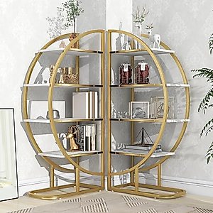Merax Round Bookshelf Storage Display Shelf Organizer, 4 Tiers L Shaped Corner Bookcase Shelving Unit for Home Office, White, Gold