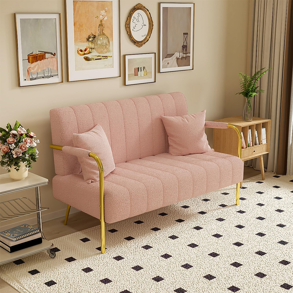 Mbolyeer Modern Bouclé Loveseat Sofa: 60" Mid Century 2 Seater Teddy Velvet Couch- Comfy Upholstered Sofa Couch with 2 Pillows - Gold Metal Legs - Small Spaces Apartment Office Bedroom (Pink)