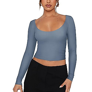REORIA Womens Sexy Casual Scoop Neck Long Sleeve Double Lined T Shirts Fall Fashion Basic Cute Y2K Trendy Fitted Shirts Crop Tops Dove Blue Small