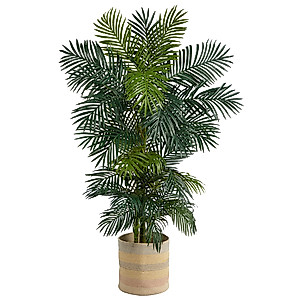 Nearly Natural 6.5ft. Golden Cane Artificial Palm Tree in Handmade Natural Cotton Multicolored Woven Planter