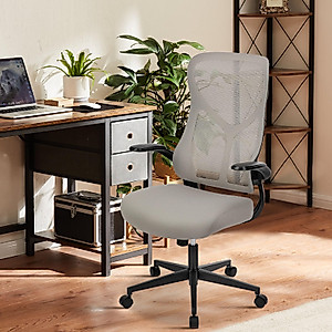 High Back Office Chair Flip up Arms, Desk Chair with Lumbar Support and Wheels Ergonomic Mesh Chair Adjustable Height Work Chair for Home Office, Grey