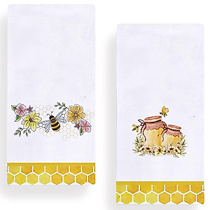 Watercolor Bee Flowers Kitchen Dish Towel 18 x 28 Inch, Honey Jar Summer Towels Dish Cloth for Cooking Baking Set of 2