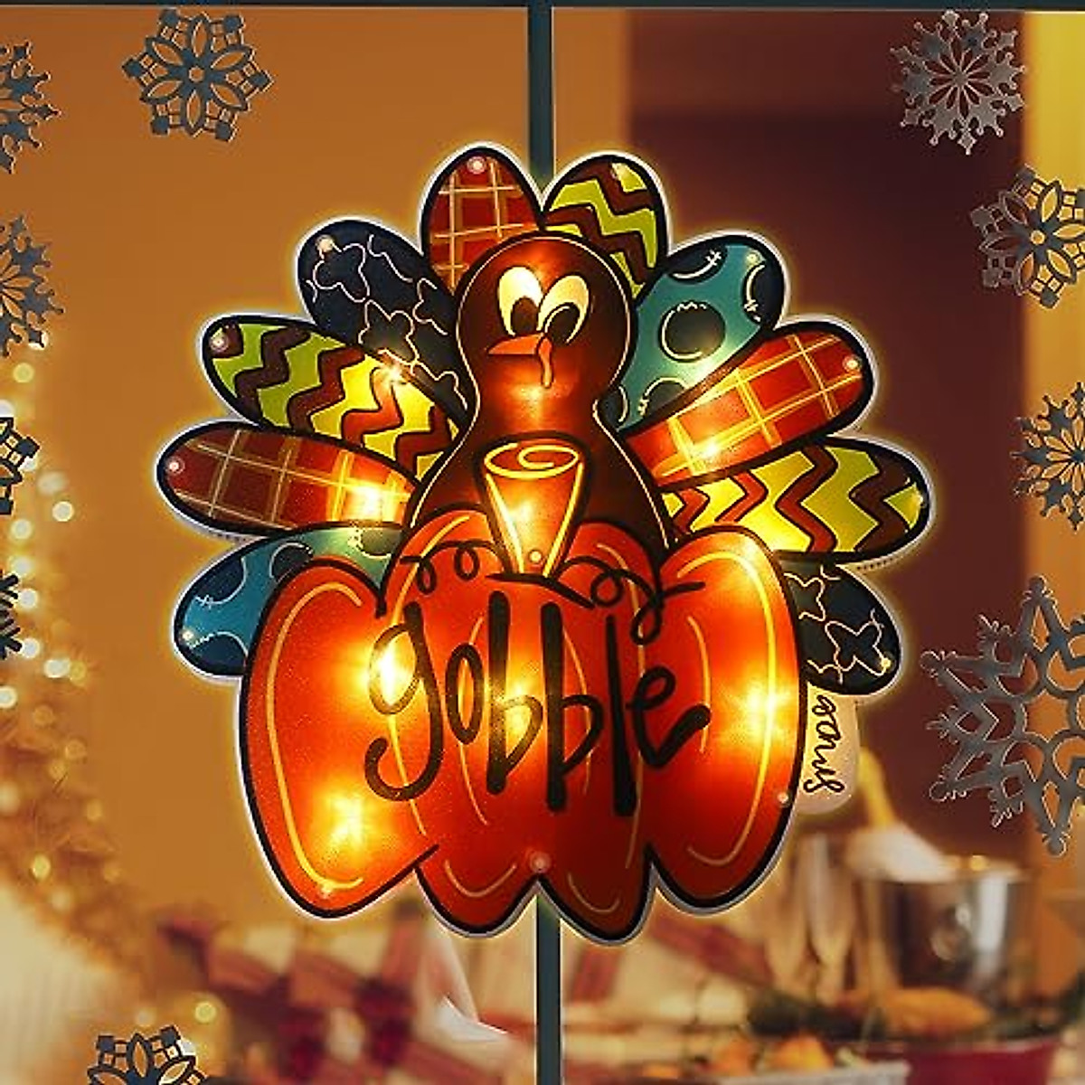 Roseeyo Lighted Thanksgiving Window Decorations, 15.7" Light up Autumn Turkey Window Lights Window Silhouette Sign for Fall Harvest Thanksgiving Decor with 12 LEDs