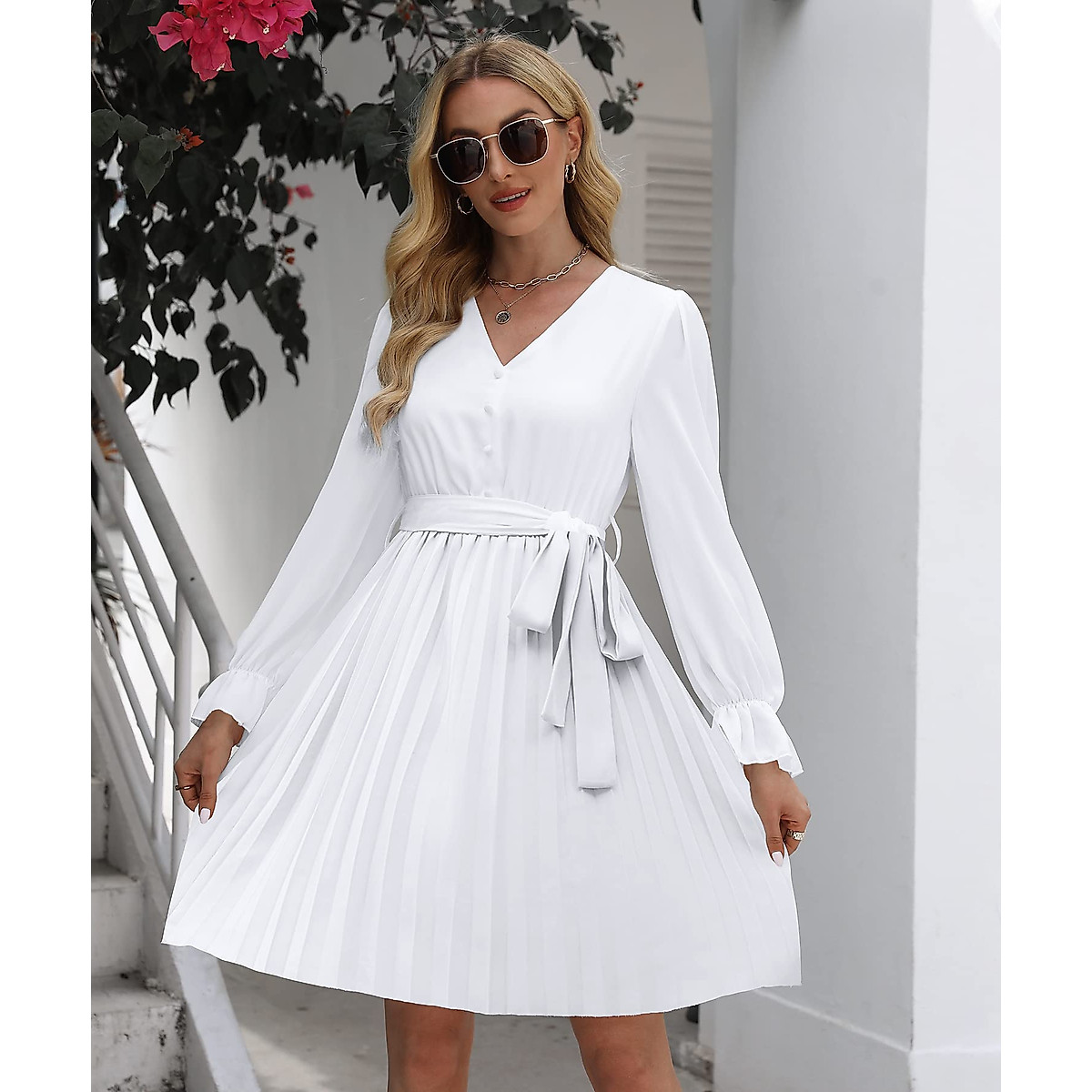 Kenaque Womens Long Sleeve V Neck Dresses for Wedding Guest Ruffle Lantern Sleeve Pleated Mini Dress with Belt Off-White