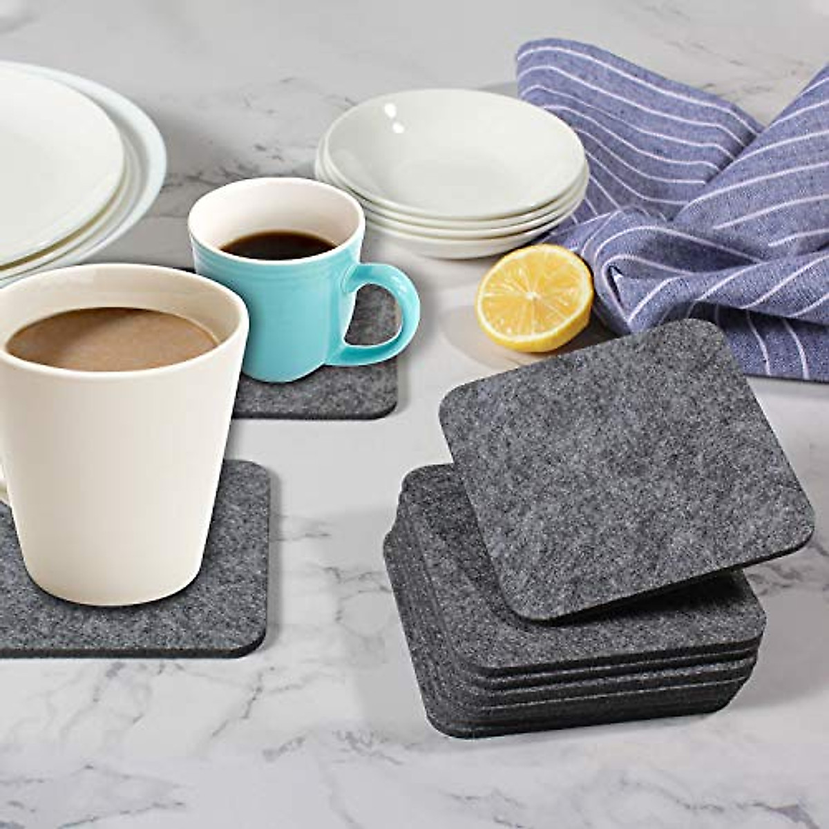KADI Felt Absorbent Coasters for Drinks Suit any Table Type, Wood, Granite, Glass, Marble, Stone Table Top, Apartment Office Kitchen Living Room Coffee Bar Housewarming Decor(set of 8,Grey)