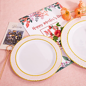 Liacere Plastic Plates, 102PCS Pink w/Gold Rim - Classic Style Disposable Plates for Mother's Day, Party, Easter & All Occasions