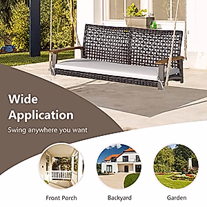 Tangkula 2 Person PE Wicker Porch Swing Bench, Outdoor Hanging Swing with Soft Seat Cushion and Hanging Ropes(Length of 118" for Each Chain), 800 LBS Weight Capacity (Off White)