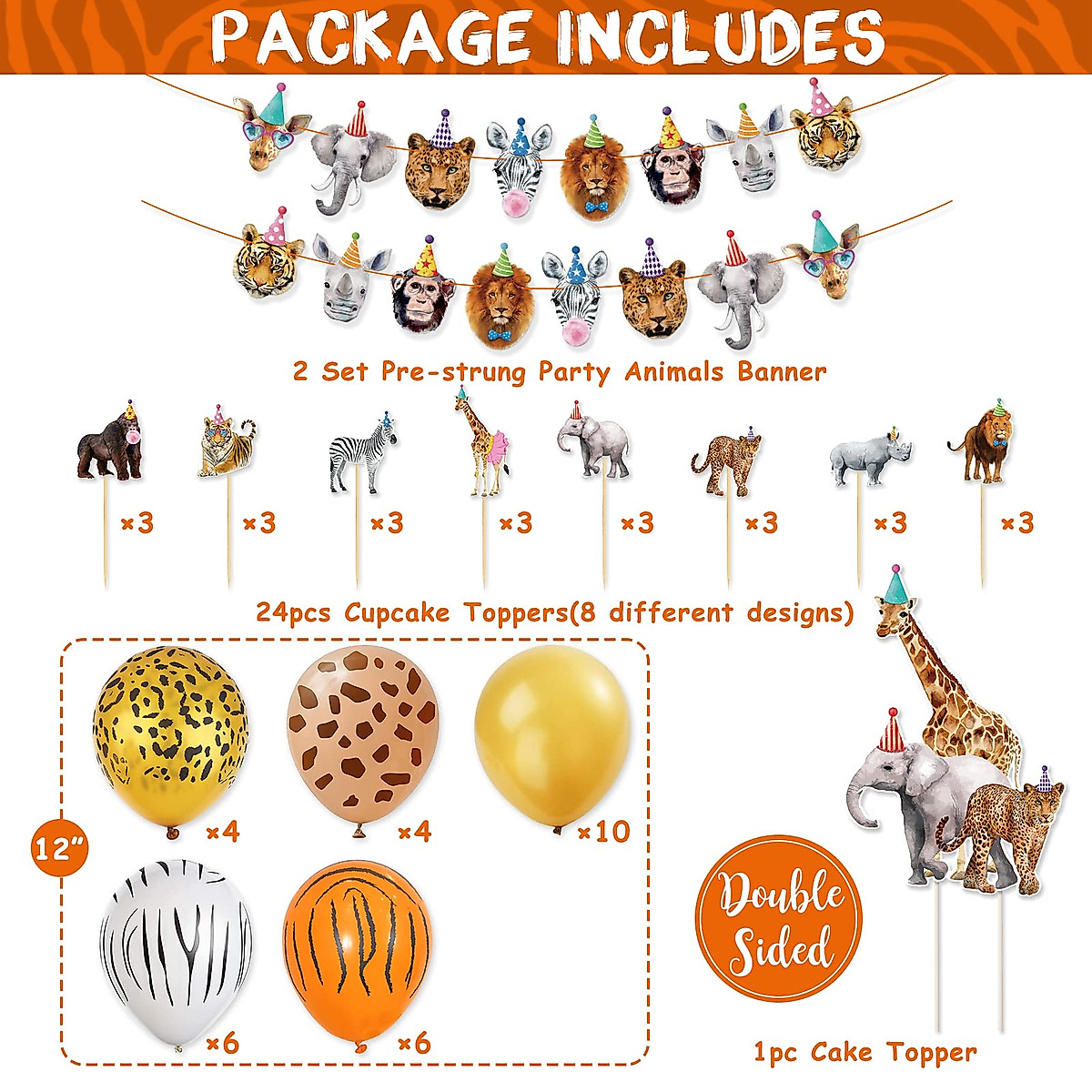 Safari Animals Party Decorations Party Animals Birthday Banner Cake Cupcake Toppers and Balloons for Boys Girls Wild Jungle Animals Birthday Supplies