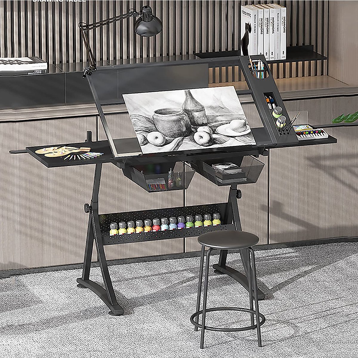 EESHHA Drawing Table Drafting Table Art/Adjustable Glass Drawing Table with 2 Drawers, Art Desk Art Table with Storage, Student Desk Study Desk for Drawing, Painting, Writing and Studying