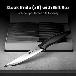 Slege Steak Knives Set of 8, Serrated Stainless Steel Knives with Gift Box, Dishwasher Safe - Classic Black