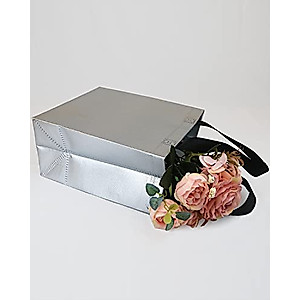 HUANN 6 Pcs Silver Gift Bags Medium Size Shine Reusable Gift Bags with Handles Metallic Glossy Non Woven Gift Bags for Wedding Christmas Party Birthday 8 x 5 x 10 Inch