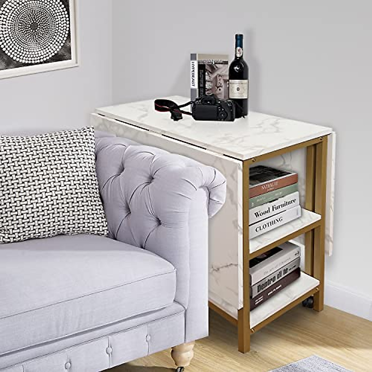 AT-VALY Folding Dining Table with 2 Storage Open Shelf,Drop Leaf Extension Dining Table,Top Folding 15.7" to 55.1" Kitchen Table (Gold)