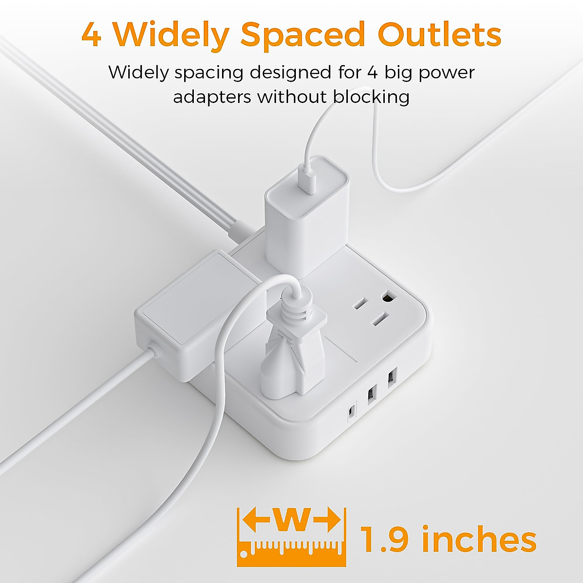 Long Flat Extension Cord 15 ft, TESSAN Surge Protector Power Strip 15 Feet with 4 Outlets 3 USB Ports (1 USB C), 3 Prong Flat Plug Charging Station with Surge Protection, Wall Mount Indoor Essentials