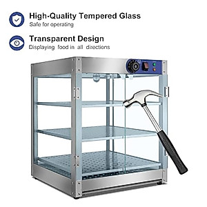 Commercial Countertop Food Warmer | 800 W Stainless Steel Countertop Heated Cabinet | 3-Tier Glass Food Warming Display Machine | 86-185°F Temp Control Food Heater for Buffet Restaurant