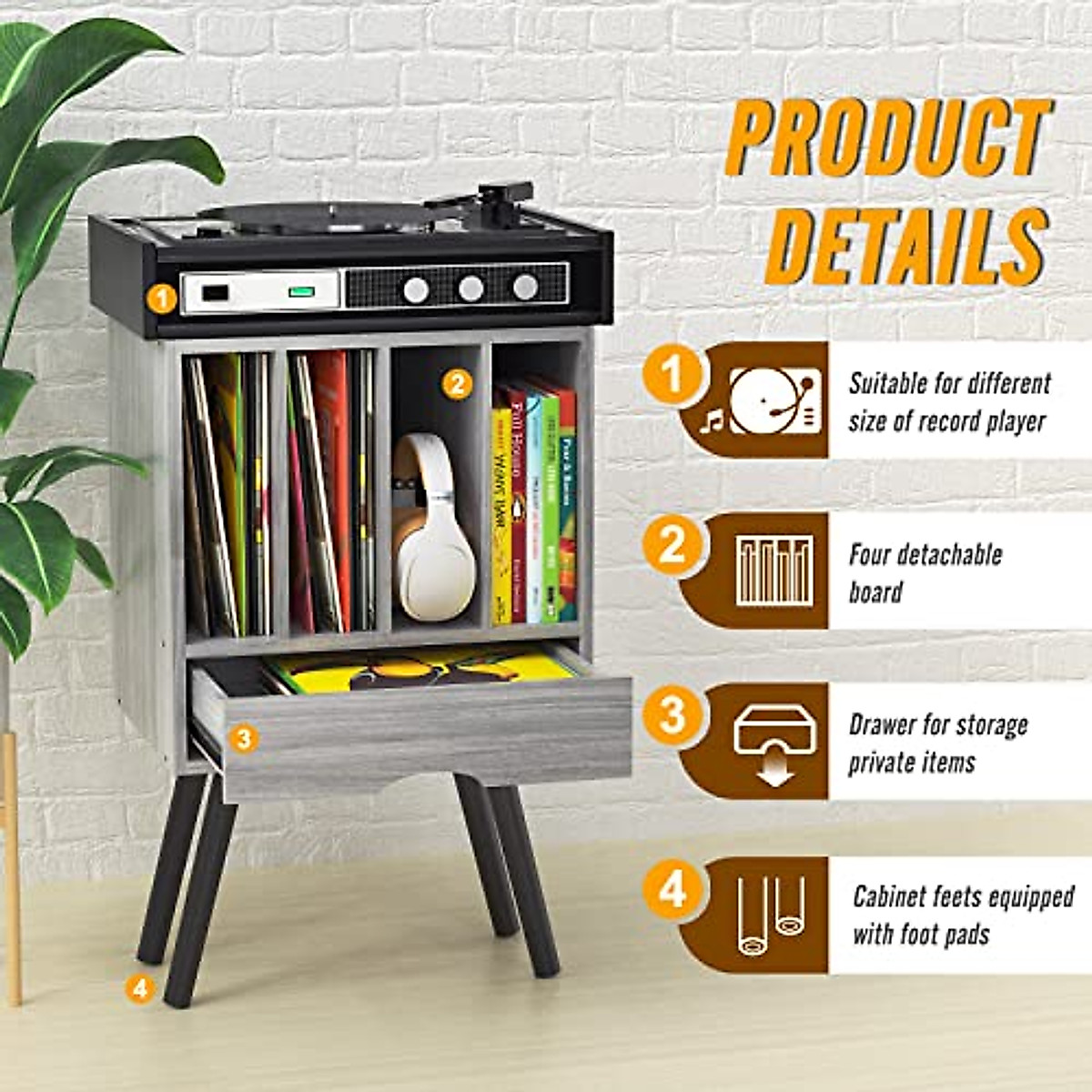 WASAIT Record Player Stand Vinyl Record Storage Table with Drawer Record Display Turntable Stand with Wood Legs 3-Tiers Vinyl Holder Cabinet for Living Room Bedroom Grey