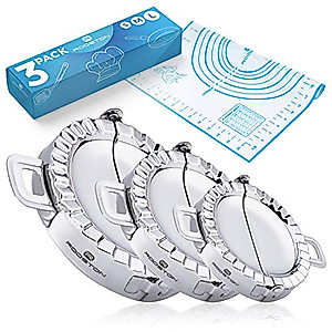 Dumpling Maker Press Set of 3 Molds – BONUS Pastry Mat, Empanada Press for Cooking Pierogi Ravioli Turnover Wrappers, Stainless Steel Dumpling Mould - Pack of 3 Sizes with Silicone Dough Mat