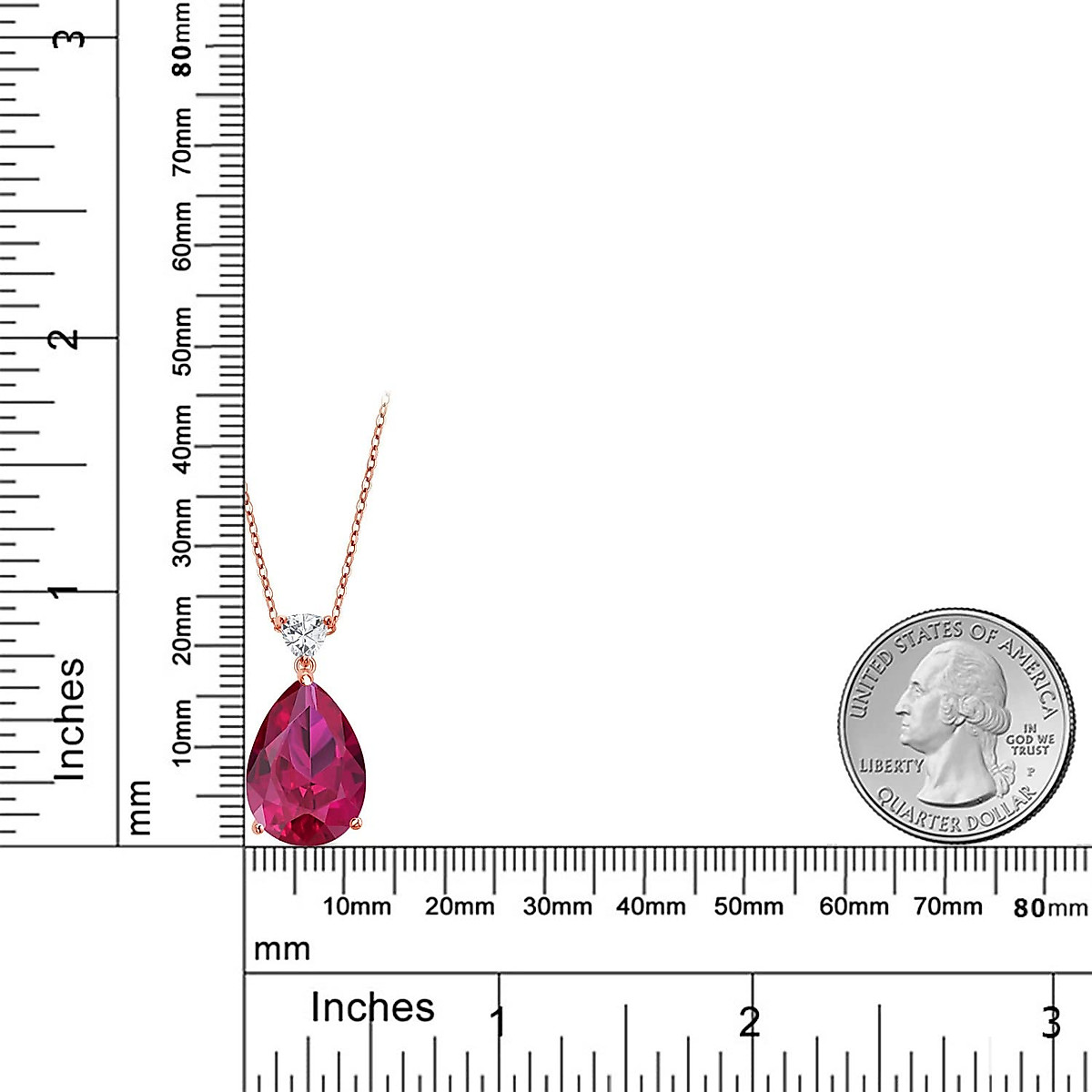 Gem Stone King 18K Rose Gold Plated Silver Pear Shape Red Created Ruby Pendant Necklace For Women 13.77 Cttw, with 18 Inch Chain)